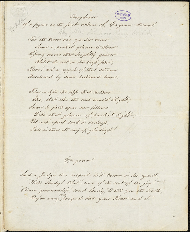 John W. Wilde manuscript poems: "Paraphrase of a Figure... in Eugene ...
