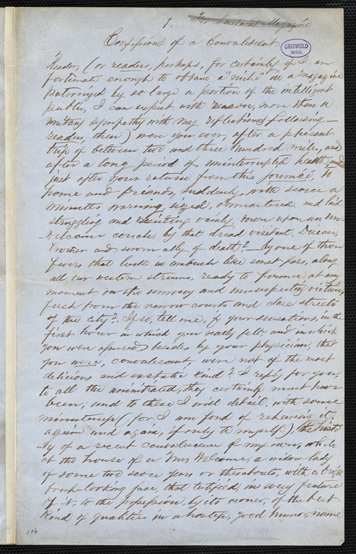 Manuscript autograph note: "Confessions of a Convalescent," [1849-1852 ...
