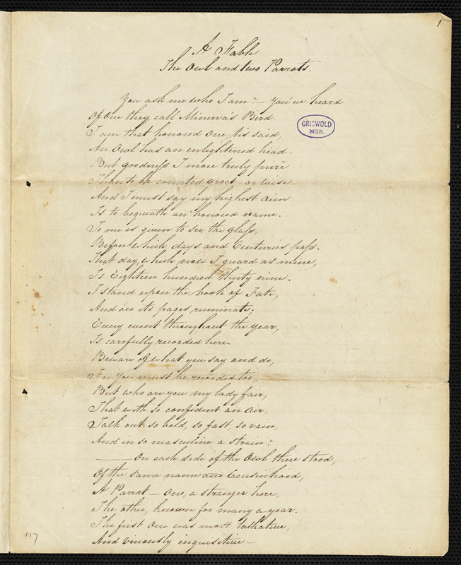 Manuscript poem: "A Fable: the Owl and two Parrots," [1839?] - Digital ...