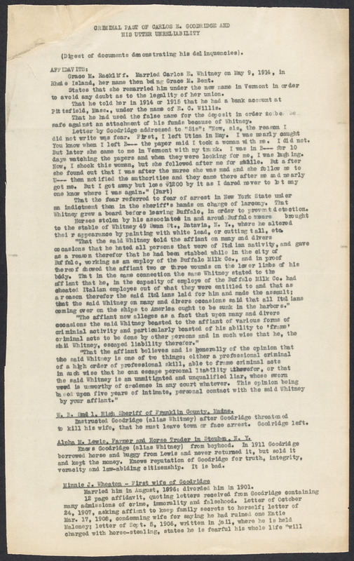 Sacco-Vanzetti Case Records, 1920-1928. Defense Papers. "Criminal Past ...