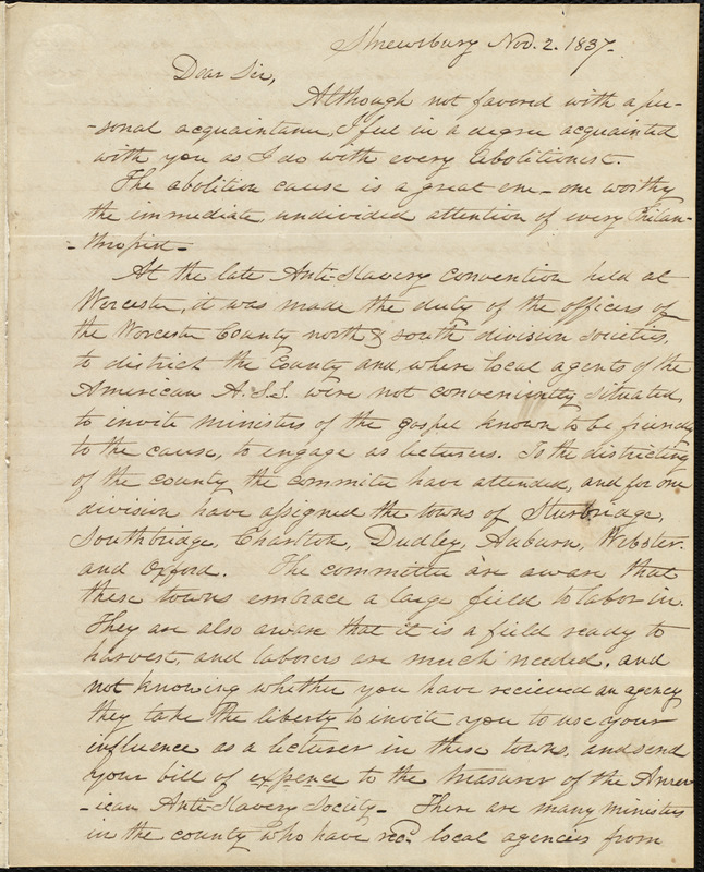 Letter from Thomas Walter Ward, Shrewsbury, [Mass.], to Samuel May, Jr ...
