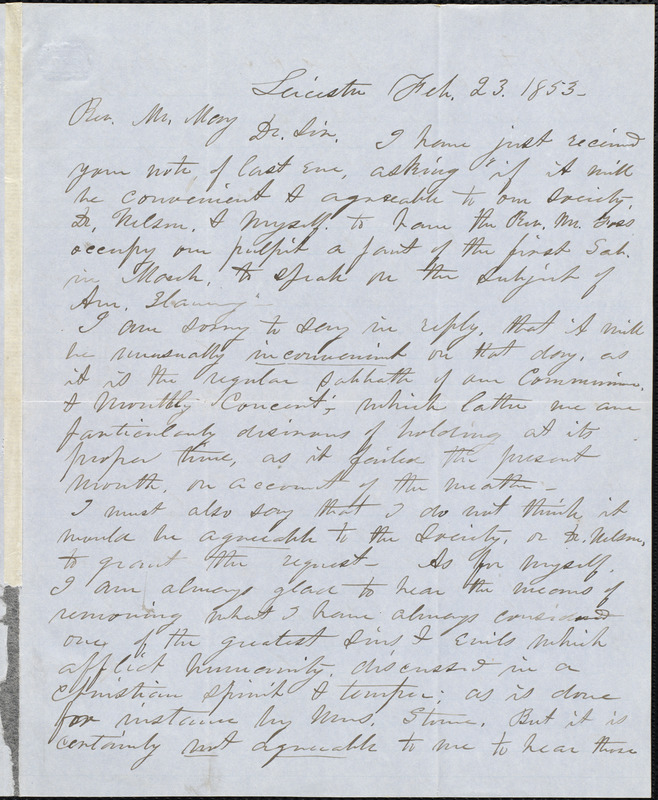 Letter from Andrew Clark Denison, Leicester, [Mass.], to Samuel May, Jr ...