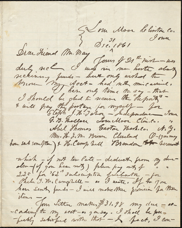 Letter from C. B. Campbell, Low Moor, Clinton Co., Iowa, to Samuel May ...