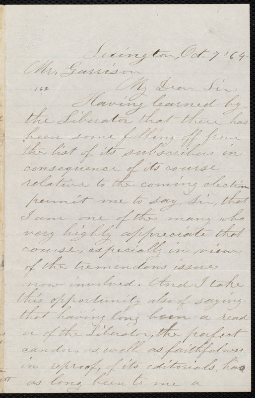 Letter from Charles Jidd, Lexington, [Mass.], to William Lloyd Garrison ...