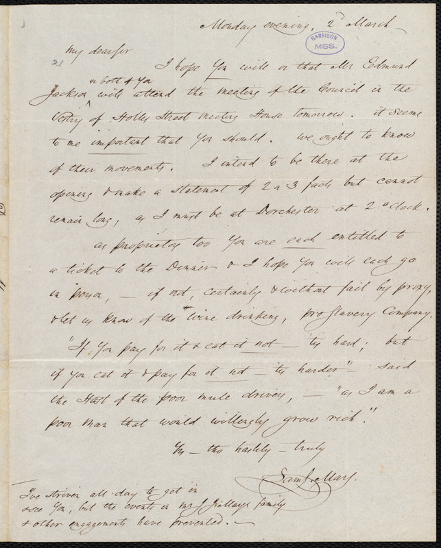 Letter from Samuel May, Jr., to Francis Jackson, 2d March [1846 ...