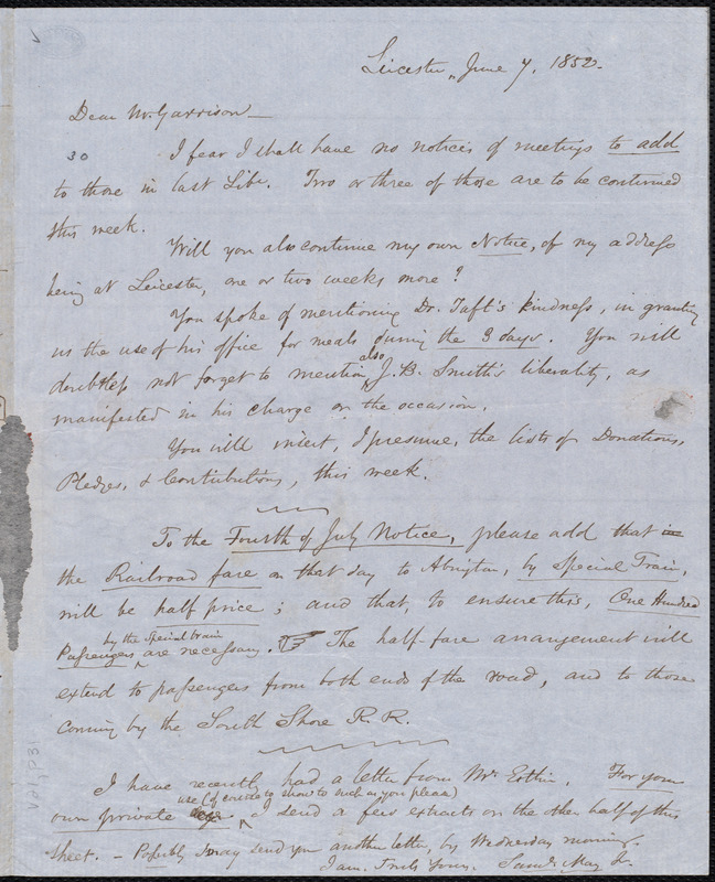 Letter from Samuel May, Jr., Leicester [Mass.], to William Lloyd ...