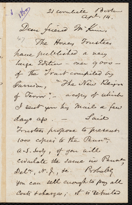 Letter from Samuel May, Jr., 21 Cornhill, Boston [Mass.], to James ...