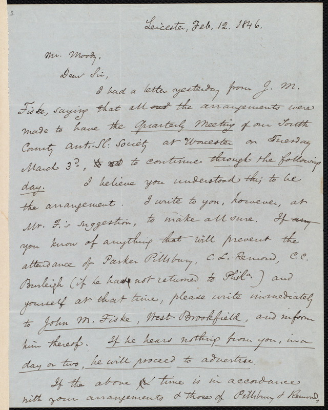 Letter from Samuel May, Jr., Leicester, to Loring Moody, Feb. 12, 1846 ...