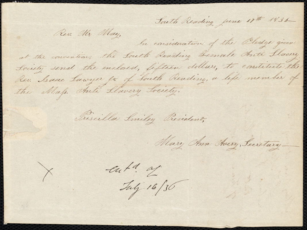 Letter from South Reading Female Anti-Slavery Society, South Reading ...