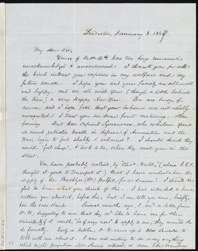 Letter from Samuel May, Jr., Leicester, to Samuel Joseph May, January 8 ...