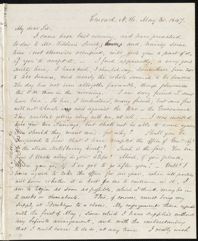 Letter from Samuel May, Jr., Concord, N.H., to Samuel Joseph May, May ...