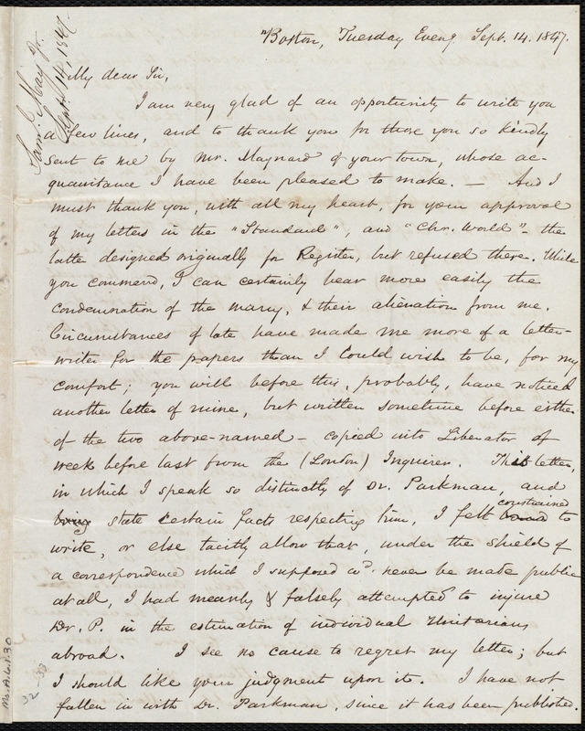 Letter from Samuel May, Jr., Boston, to Samuel Joseph May, Tuesday ...
