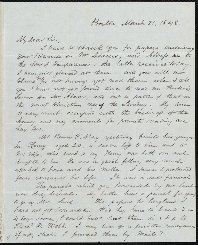 Letter from Samuel May, Jr., Boston, to Samuel Joseph May, March 21 ...