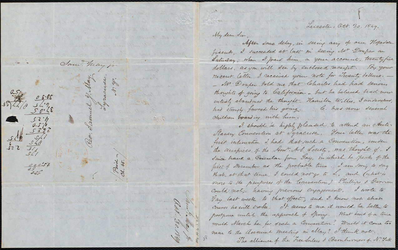 Letter from Samuel May, Jr., Leicester, to Samuel Joseph May, Oct. 30 ...