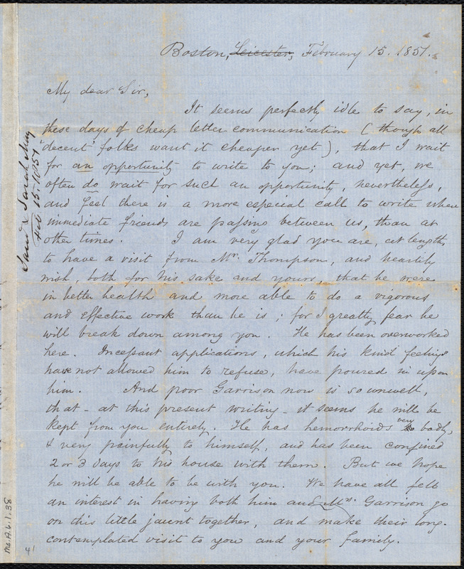 Letter from Samuel May, Jr., Boston, to Samuel Joseph May, February 15 ...