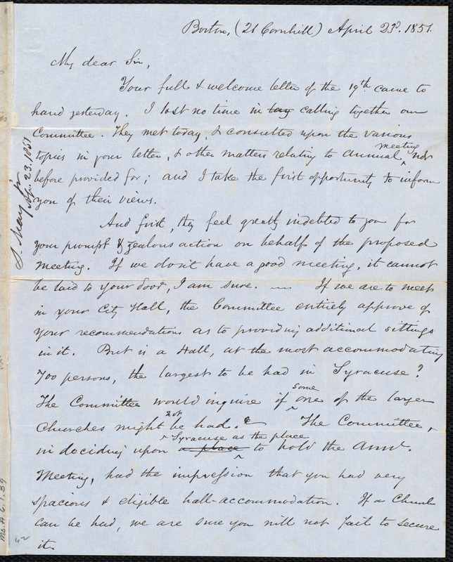 Letter from Samuel May, Jr., Boston (21 Cornhill), to Samuel Joseph May ...