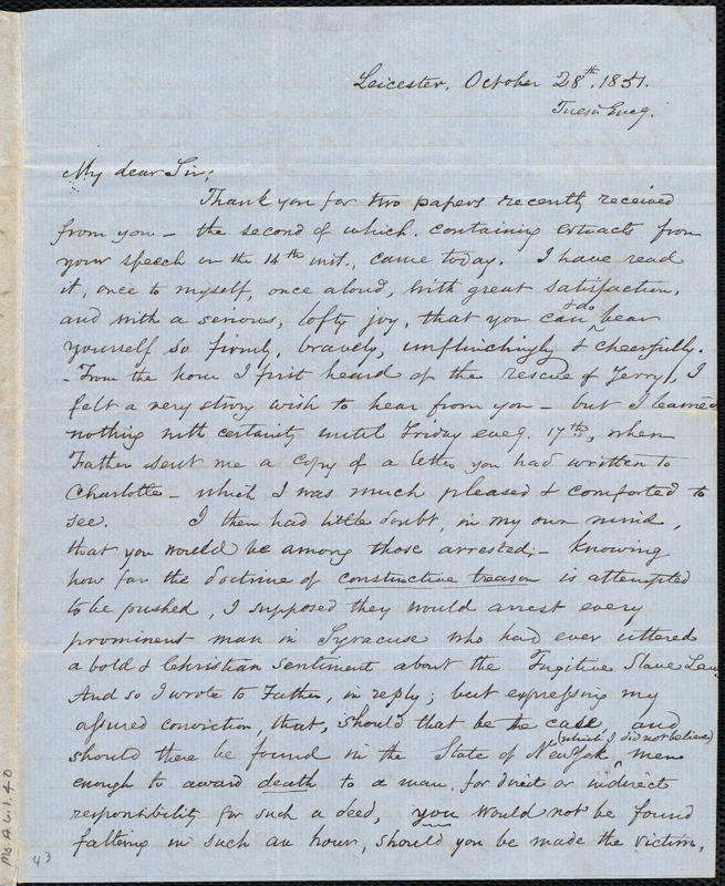 Letter from Samuel May, Jr., Leicester, to Samuel Joseph May, October ...