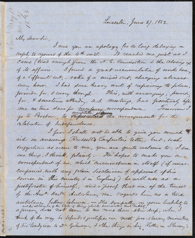 Letter from Samuel May, Jr., Leicester, to Samuel Joseph May, January ...