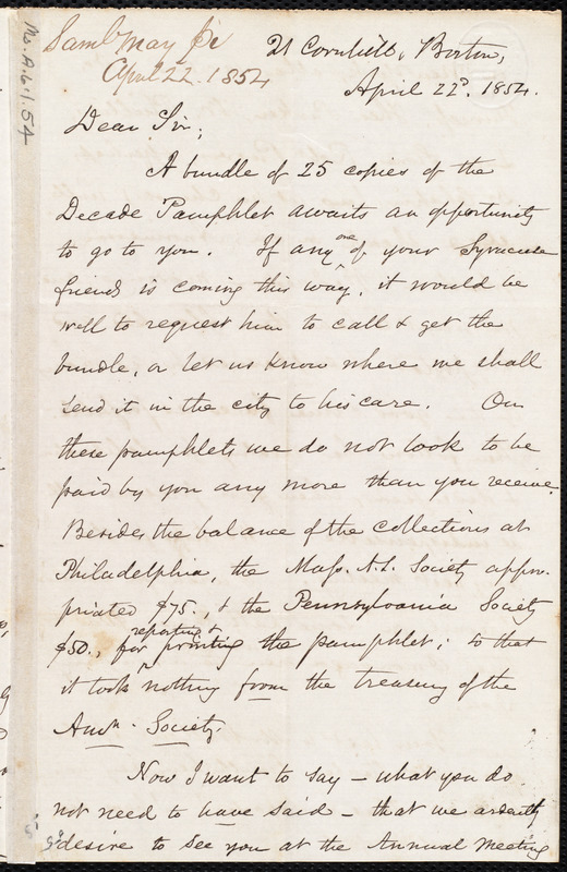 Letter from Samuel May, Jr., 21 Cornhill, Boston, to Samuel Joseph May ...
