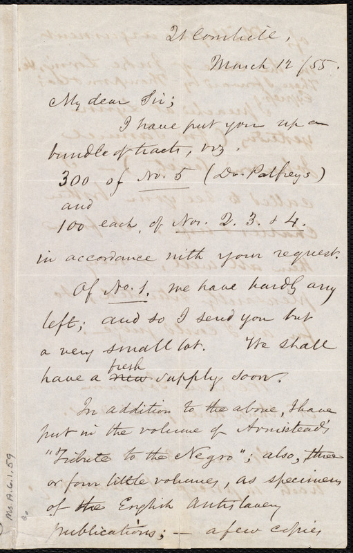 Letter from Samuel May, Jr., 21 Cornhill, [Boston], to Samuel Joseph ...