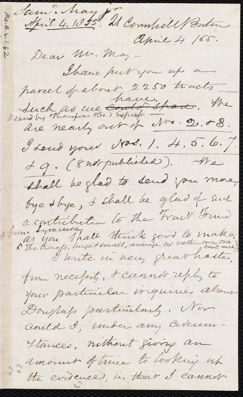 Letter from Samuel May, Jr., 21 Cornhill, Boston, to Samuel Joseph May ...