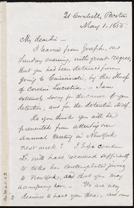 Letter from Samuel May, Jr., 21 Cornhill, Boston, to Samuel Joseph May ...