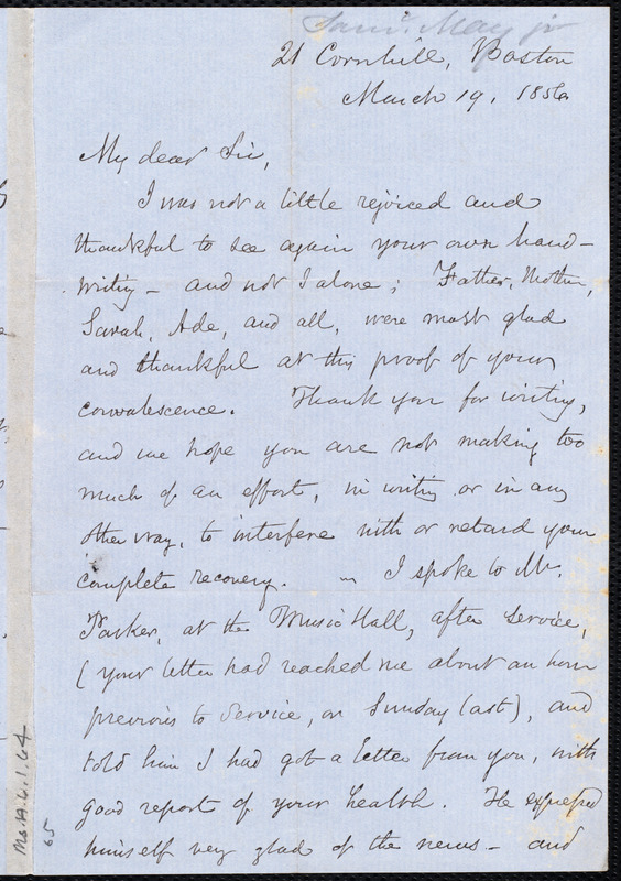 Letter from Samuel May, Jr., 21 Cornhill, Boston, to Samuel Joseph May ...
