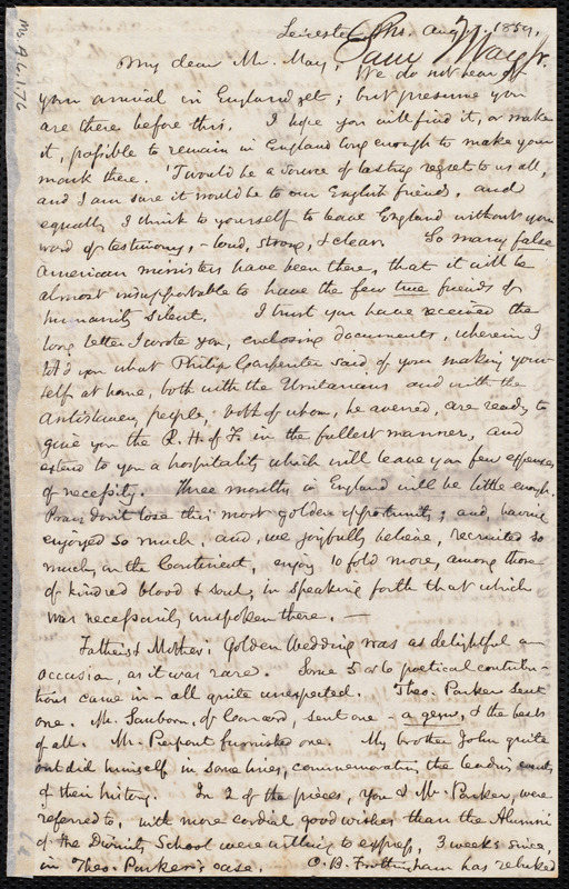 Letter from Samuel May, Jr., Leicester, Ms, to Samuel Joseph May, Aug 1 ...