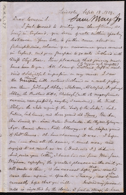 Letter from Samuel May, Jr., Leicester, to Samuel Joseph May, Sept. 13 ...