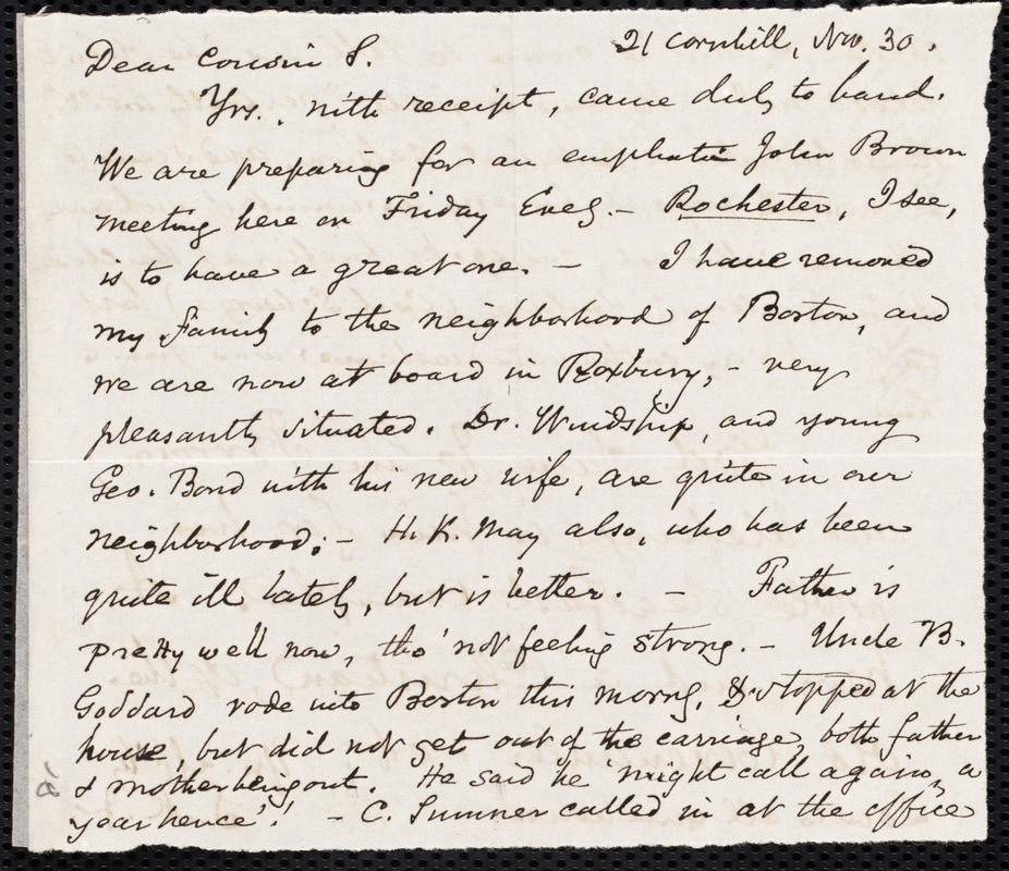 Letter from Samuel May, Jr., 21 Cornhill, Boston, to Samuel Joseph May ...
