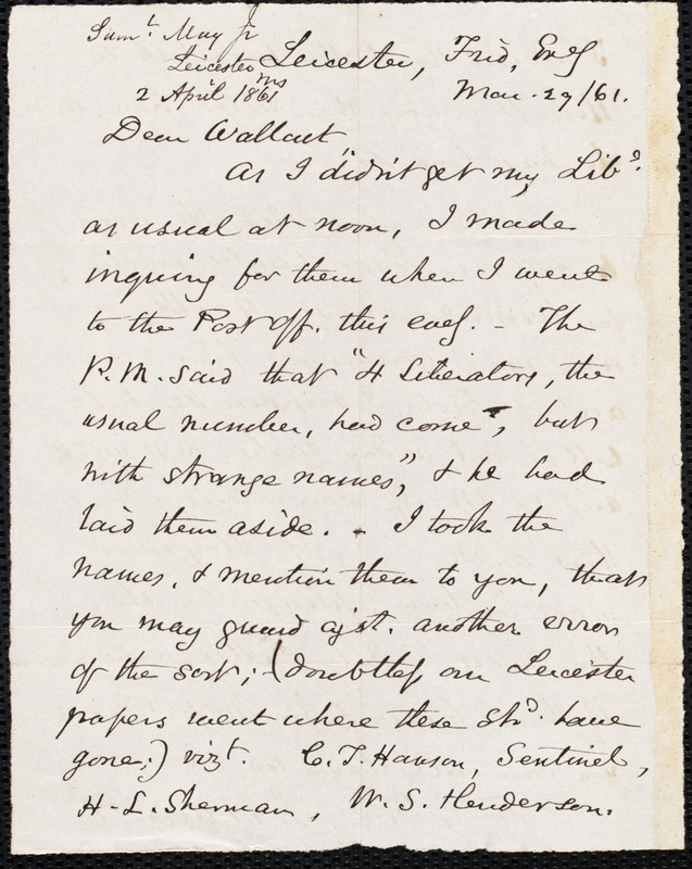 Letter from Samuel May, Jr., Leicester [Mass.], to Robert Folger ...