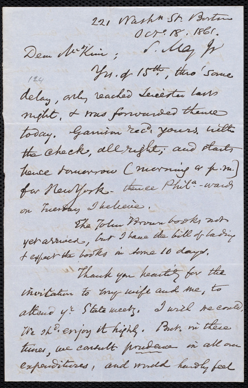 Letter from Samuel May, Jr., 221 Wash[ington] St., Boston [Mass.], to ...
