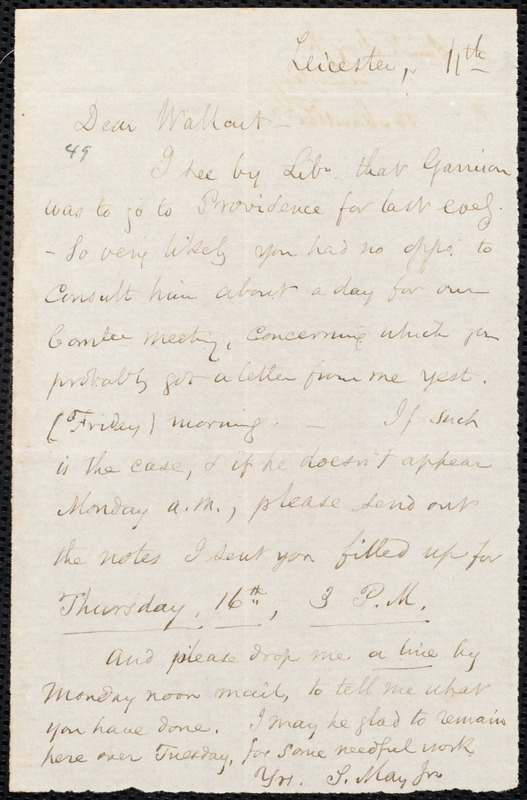 Letter from Samuel May, Jr., Leicester, to Robert Folger Wallcut, 1865 ...