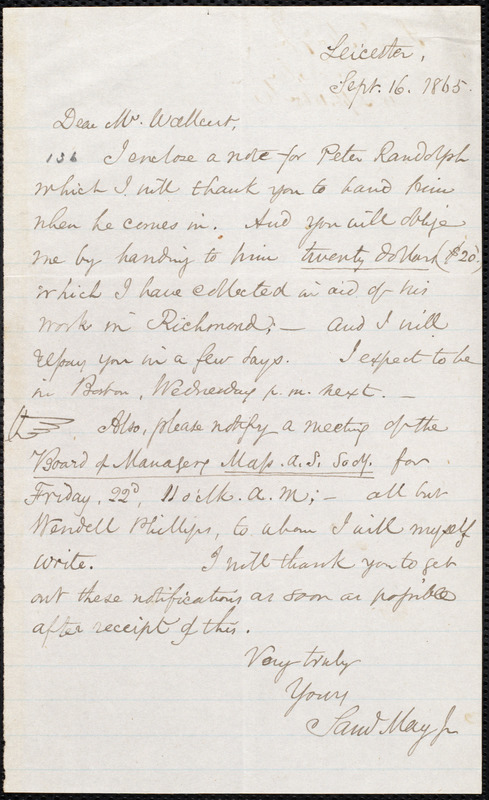 Letter from Samuel May, Jr., Leicester [Mass.], to Robert Folger ...