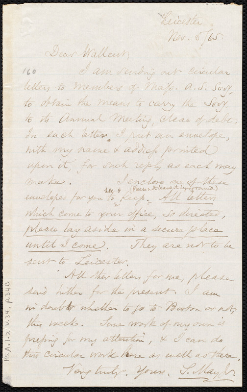 Letter from Samuel May, Jr., Leicester [Mass.], to Robert Folger ...
