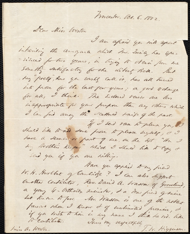 Letter from Thomas Wentworth Higginson, Worcester, [Mass.], to Anne ...