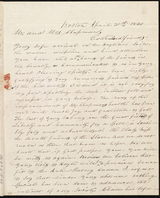 Letter from John Telemachus Hilton, Boston, [Mass.], to Maria Weston ...