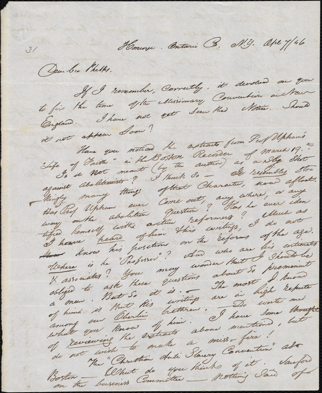 Letter from William Goodell, Honeoye, to Amos Augustus Phelps, Apl. 7/46 - Digital Commonwealth
