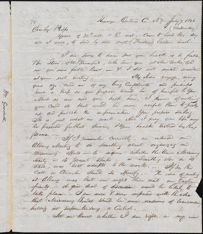 Letter from William Goodell, Honeoye, to Amos Augustus Phelps, July 4. 1846 - Digital Commonwealth