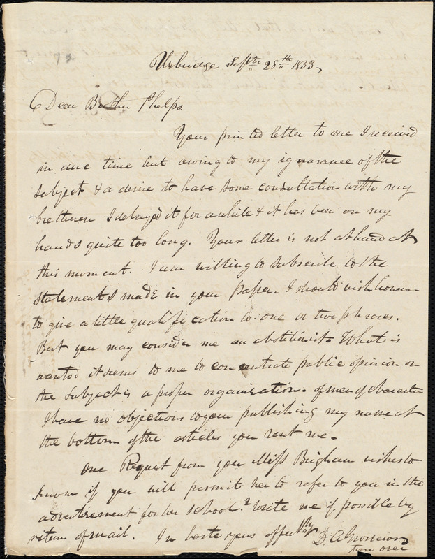 Letter from David Adams Grosvenor, Uxbridge, to Amos Augustus Phelps, Septr 28th 1833 - Digital ...