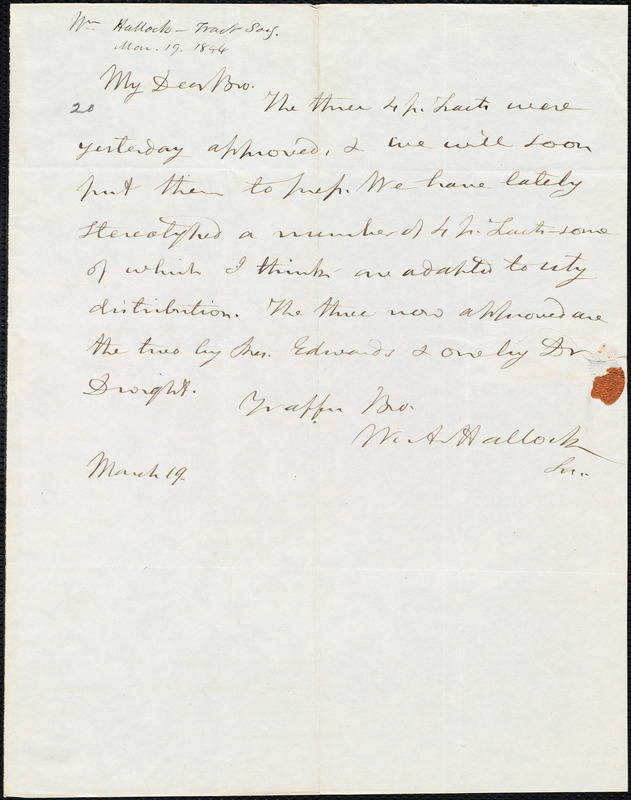 Letter from William Allen Hallock, to Amos Augustus Phelps, March 19 [1844] - Digital Commonwealth