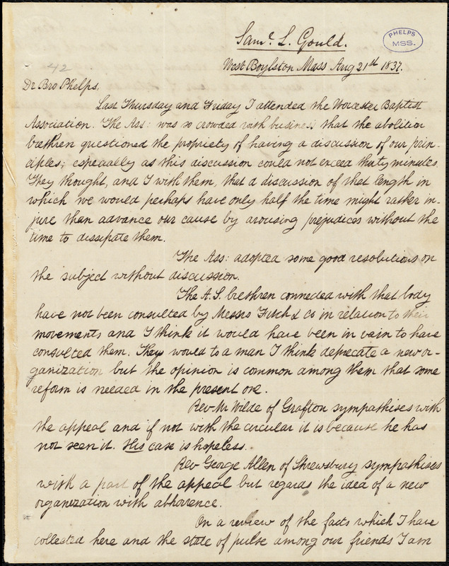 Letter from Samuel L. Gould, West Boylston, Mass., to Amos Augustus Phelps, Aug 21st 1837 ...