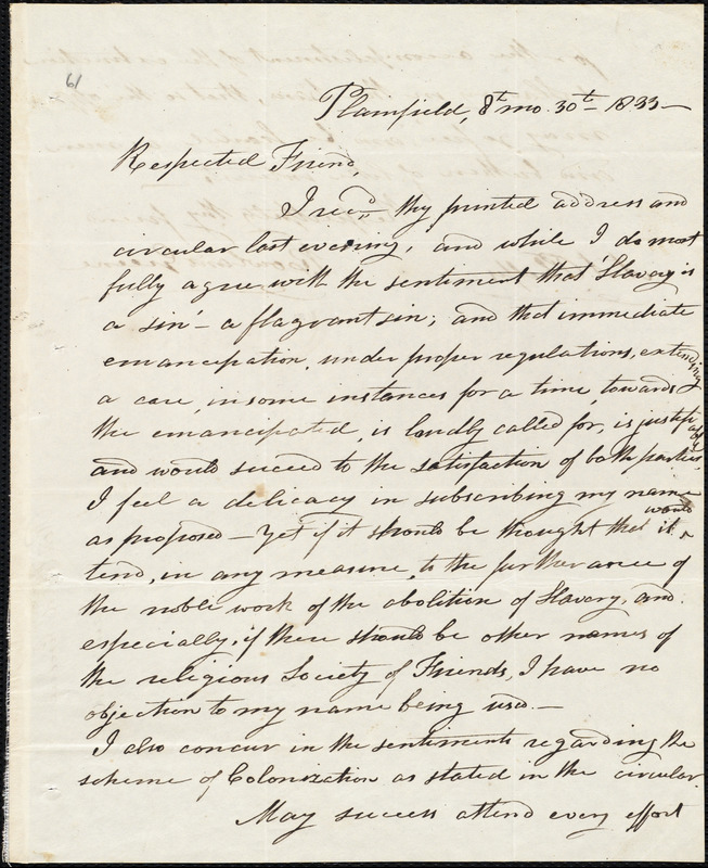 Letter from Rowland Greene, Plainfield, to Amos Augustus Phelps, 8t mo. 30t 1833 - Digital ...