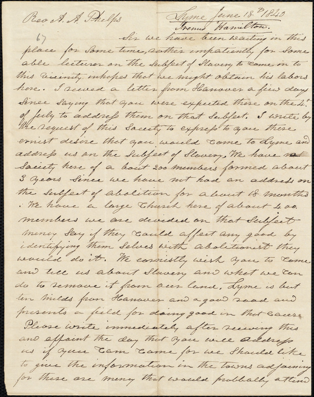 Letter from Irenus Hamilton, Lyme, to Amos Augustus Phelps, June 18 1840 - Digital Commonwealth