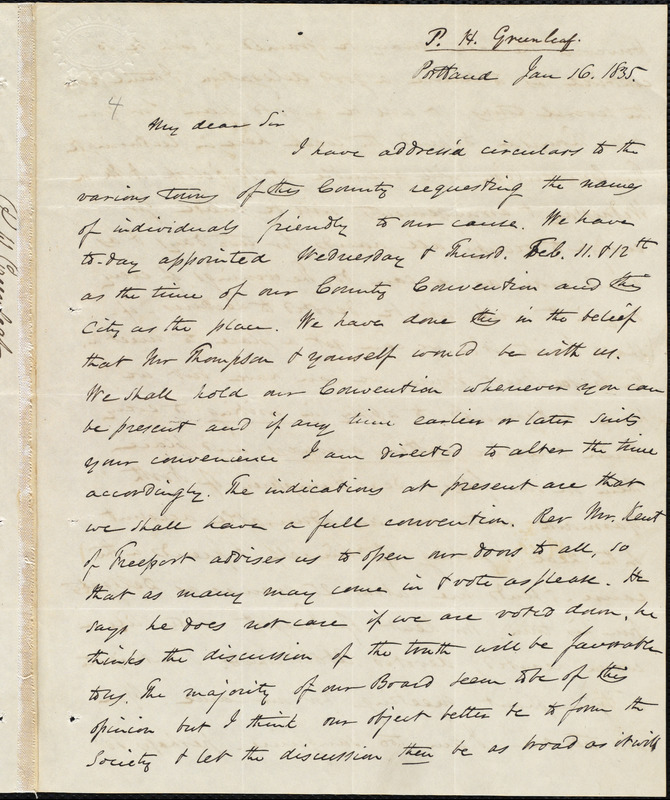 Letter from Patrick Henry Greenleaf, Portland, to Amos Augustus Phelps, Jan 16. 1835 - Digital ...