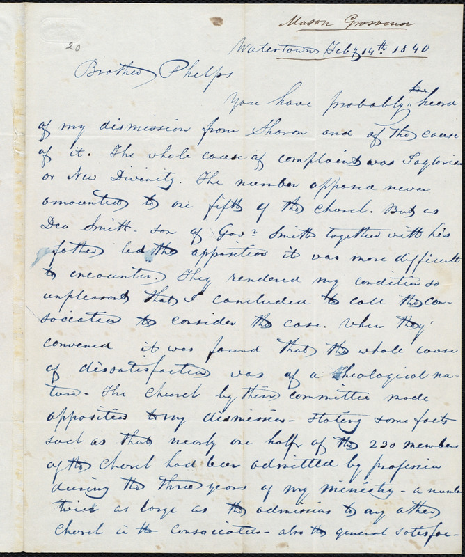 Letter from Mason Grosvenor, Watertown, to Amos Augustus Phelps, Feby 14th 1840 - Digital ...