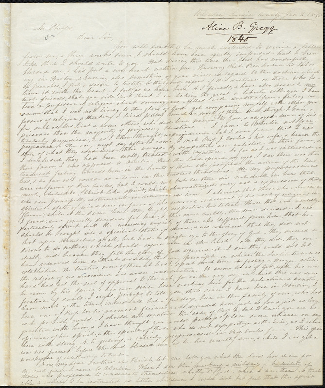Letter from Alice B. Gregg, Oberlin, to Amos Augustus Phelps, Jan 2 ...