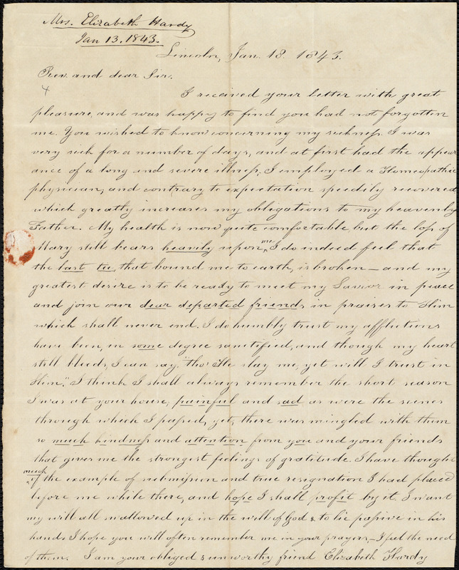 Letter from Elizabeth Hardy, Lincoln, to Amos Augustus Phelps, Jan. 18. 1843 - Digital Commonwealth
