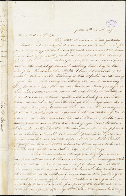 Letter from Sarah Moore Grimké, Groton, to Amos Augustus Phelps, 8th Mo 3d. 1837 - Digital ...