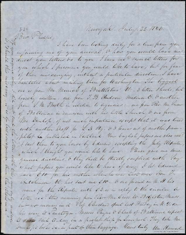 Letter from William Harned, New York, to Amos Augustus Phelps, July. 22. 1846 - Digital Commonwealth